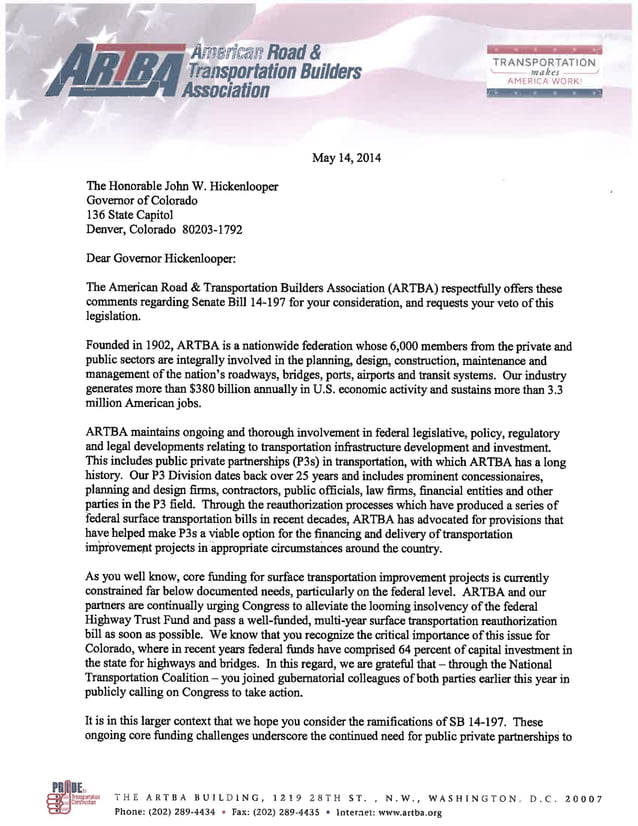 Artba letter p3 gov hickenlooper 5 14 | PDF