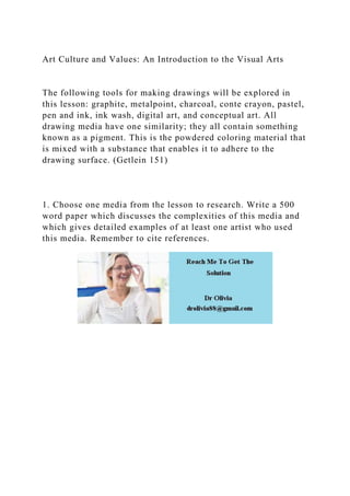 Art Culture and Values An Introduction to the Visual ArtsThe .docx ...