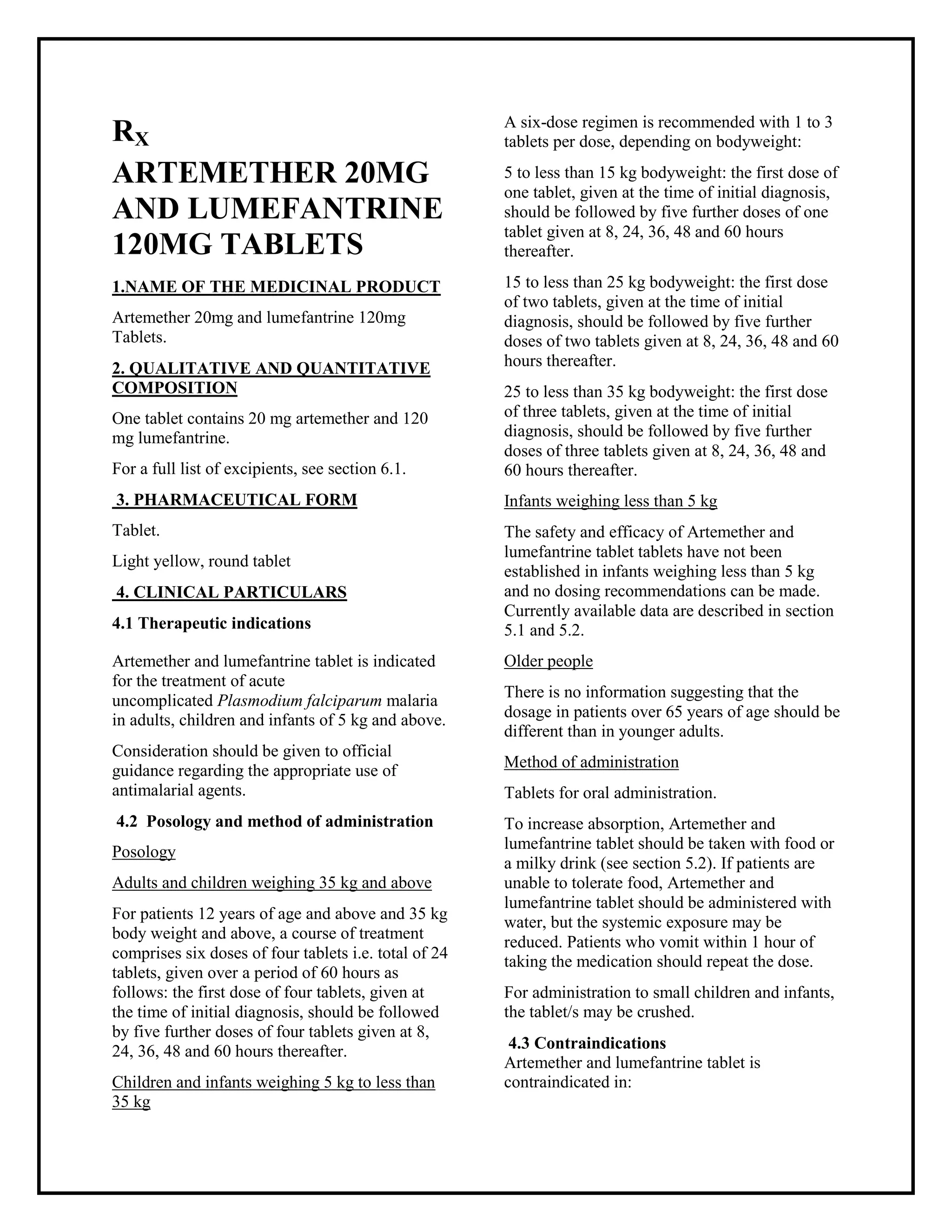 Artemether 20mg and lumefantrine 120mg tablets smpc taj pharmaceuticals ...