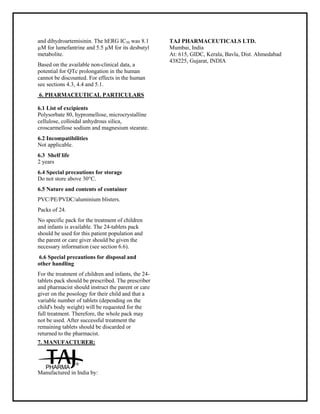 Artemether 20mg and lumefantrine 120mg tablets smpc taj pharmaceuticals ...