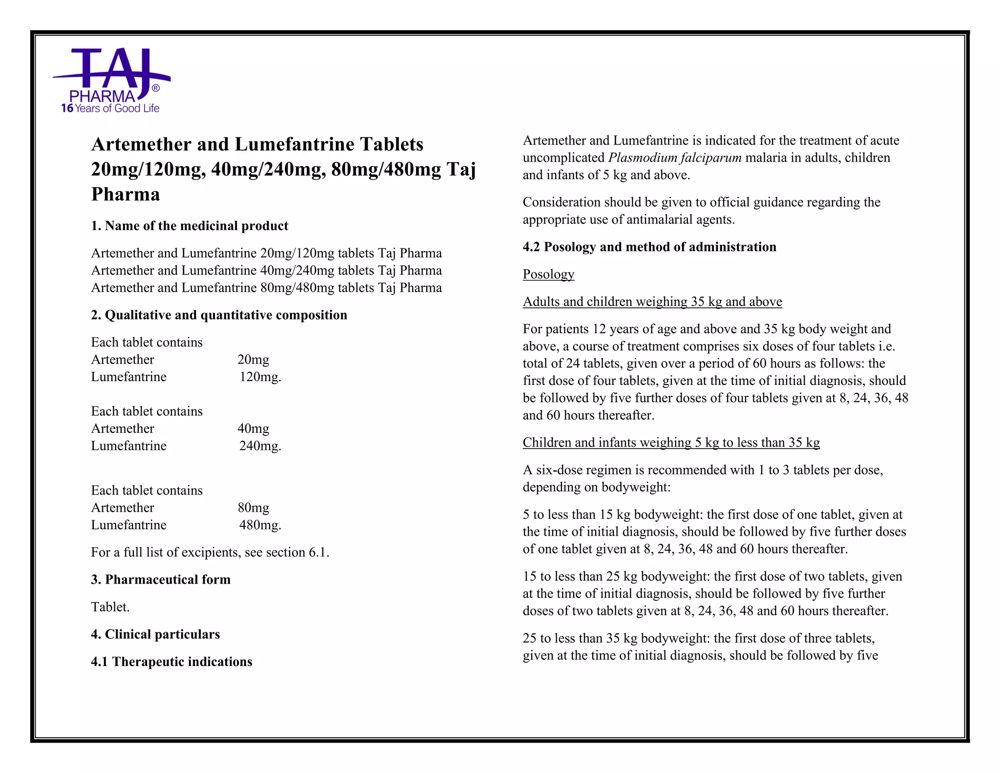 Artemether and lumefantrine Tablets Taj Pharma SmPC | PDF
