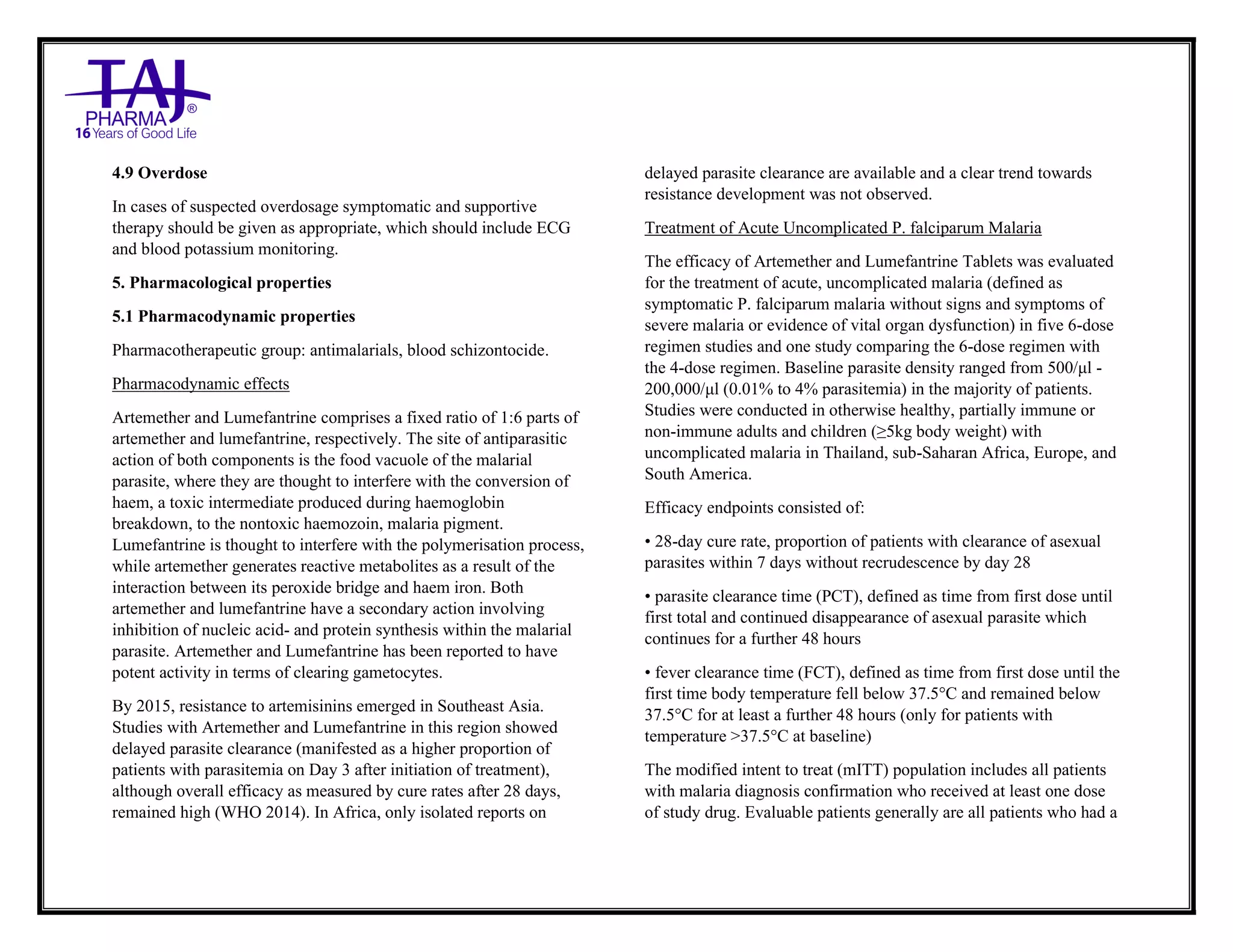 Artemether and lumefantrine Tablets Taj Pharma SmPC | PDF