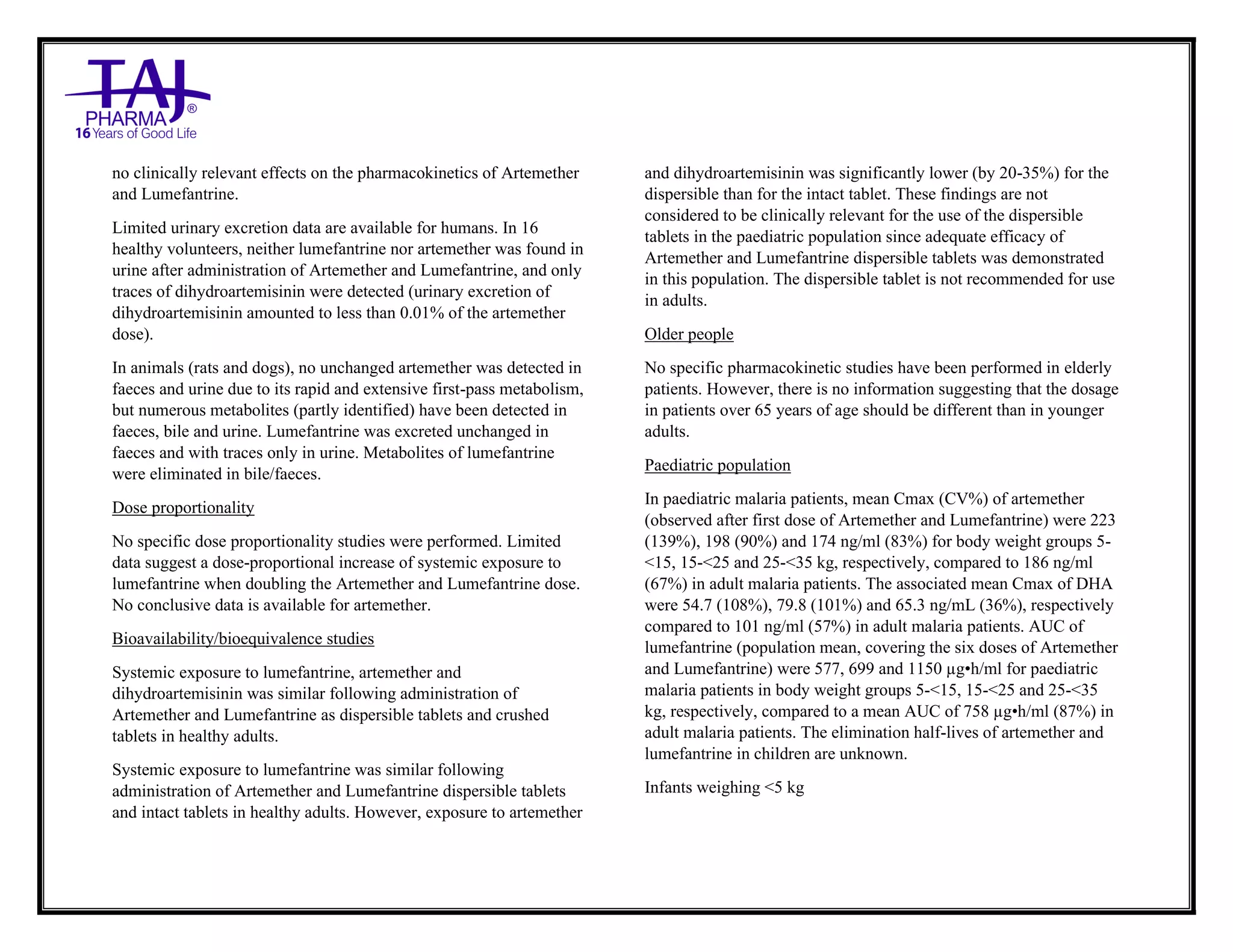 Artemether and lumefantrine Tablets Taj Pharma SmPC | PDF