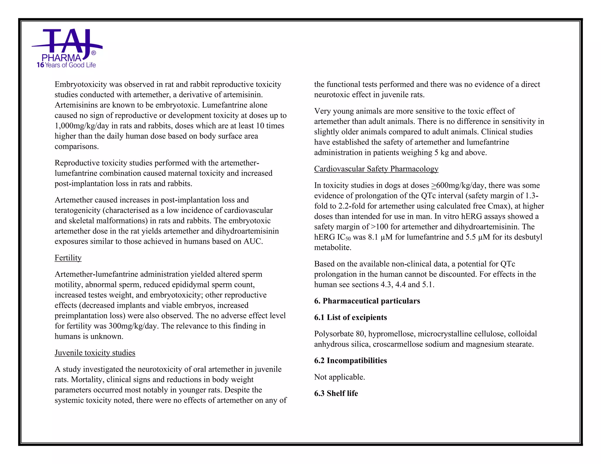 Artemether and lumefantrine Tablets Taj Pharma SmPC | PDF