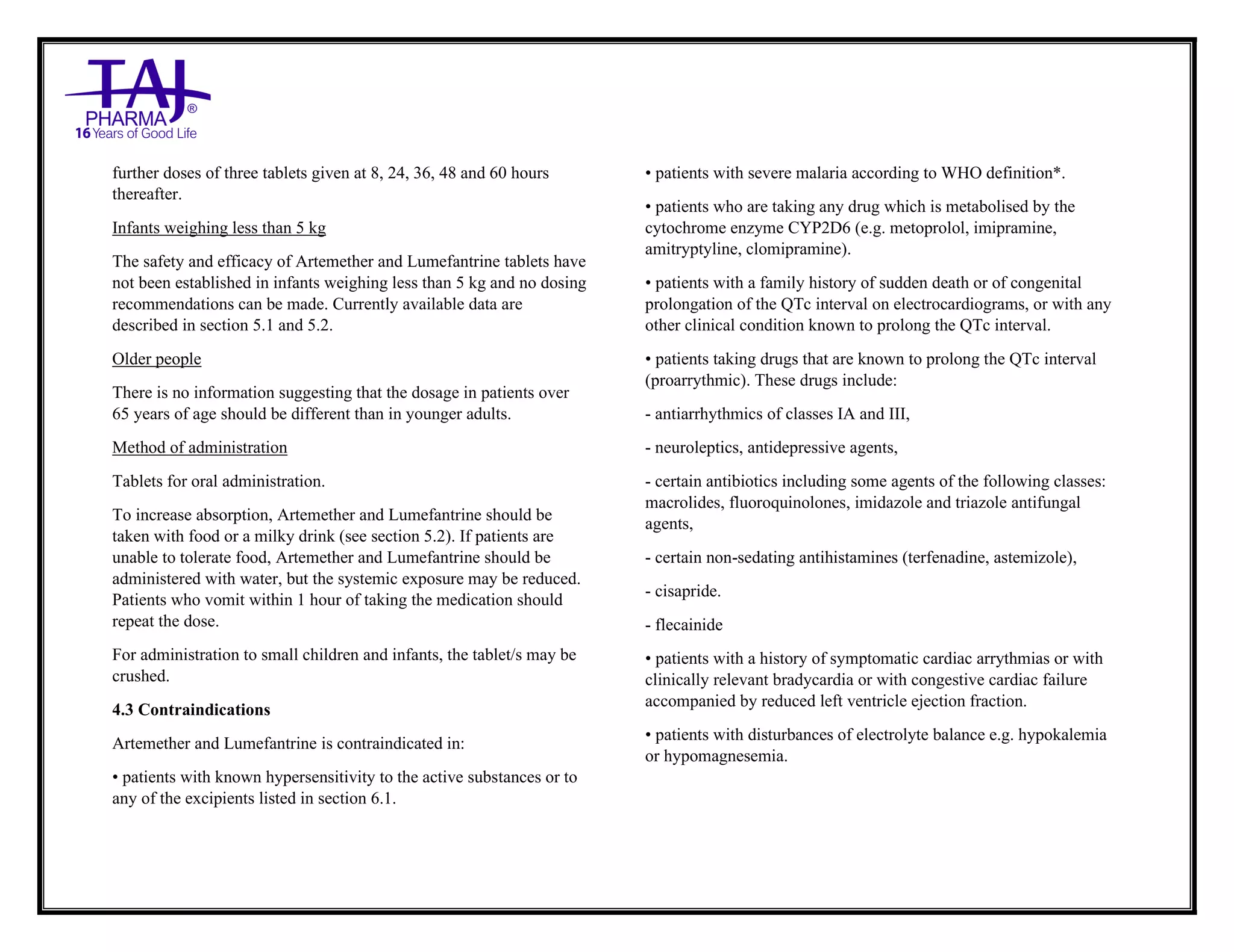 Artemether and lumefantrine Tablets Taj Pharma SmPC | PDF