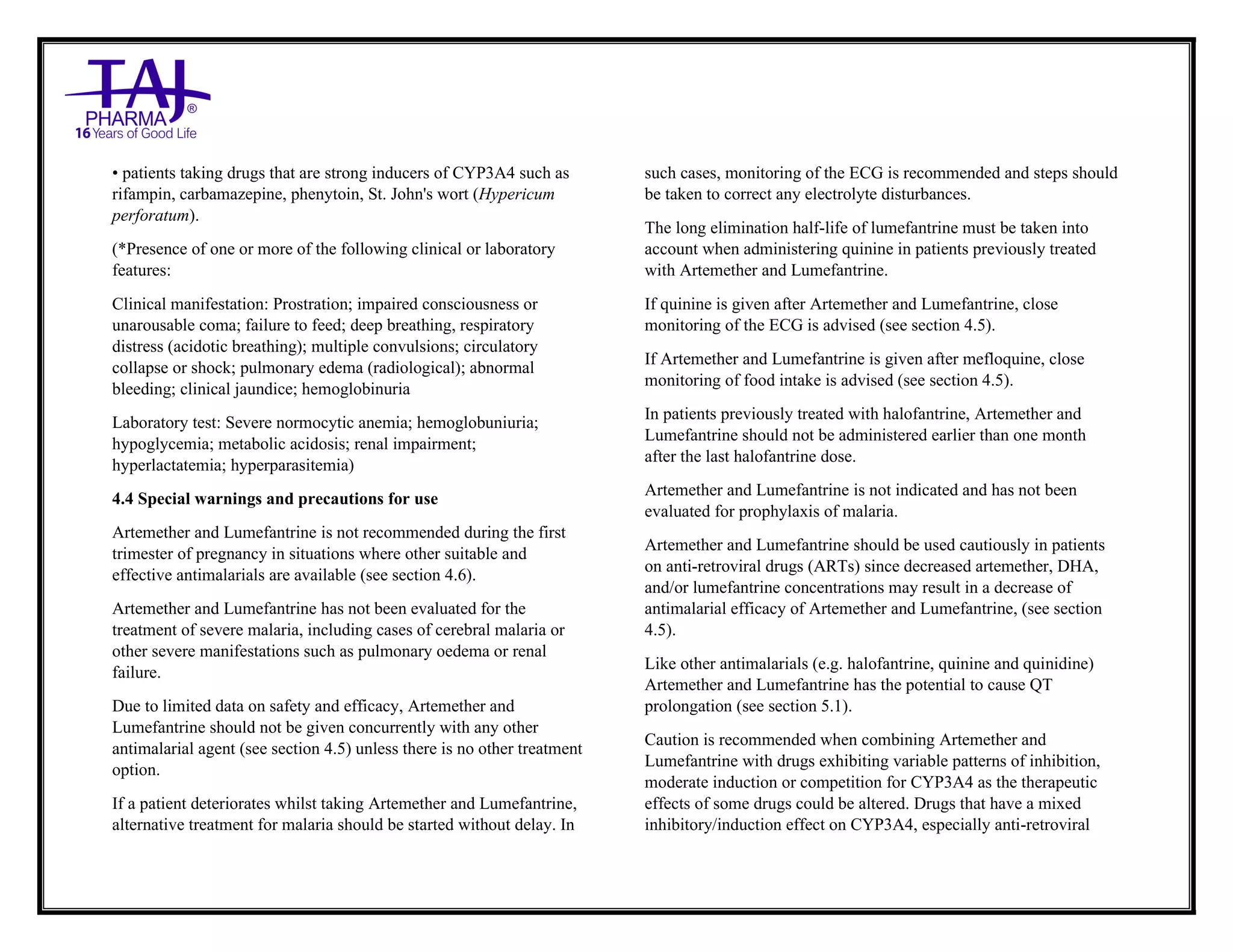 Artemether and lumefantrine Tablets Taj Pharma SmPC | PDF