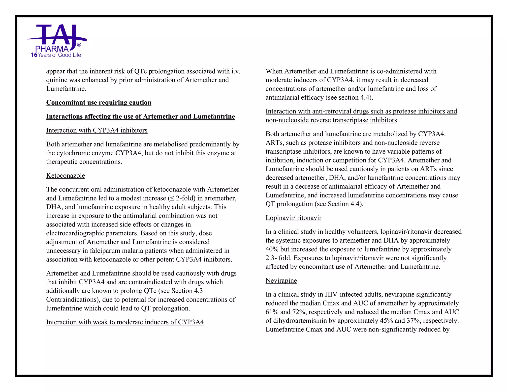 Artemether and lumefantrine Tablets Taj Pharma SmPC | PDF