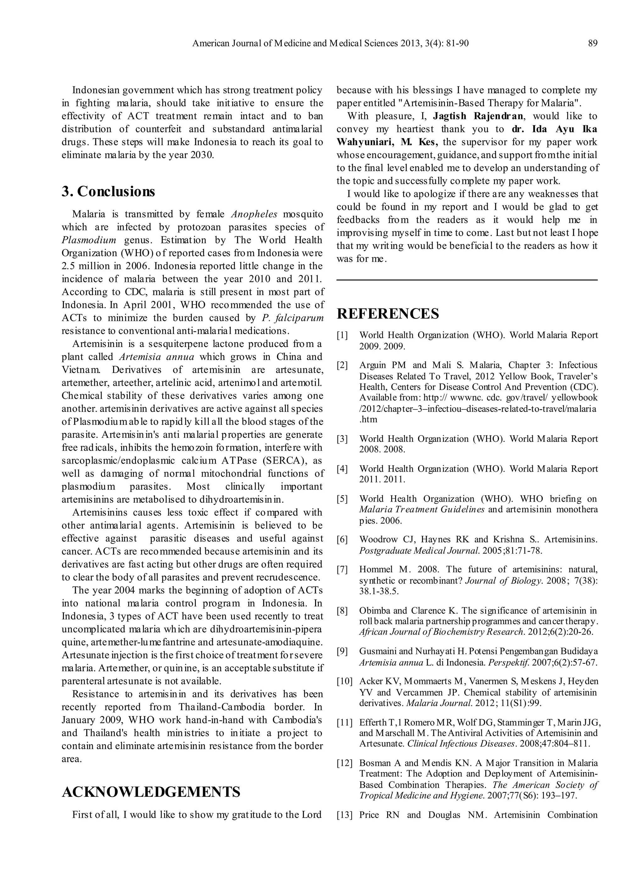 Artemisinin based therapy for malaria | PDF | Infectious Diseases | Diseases and Conditions