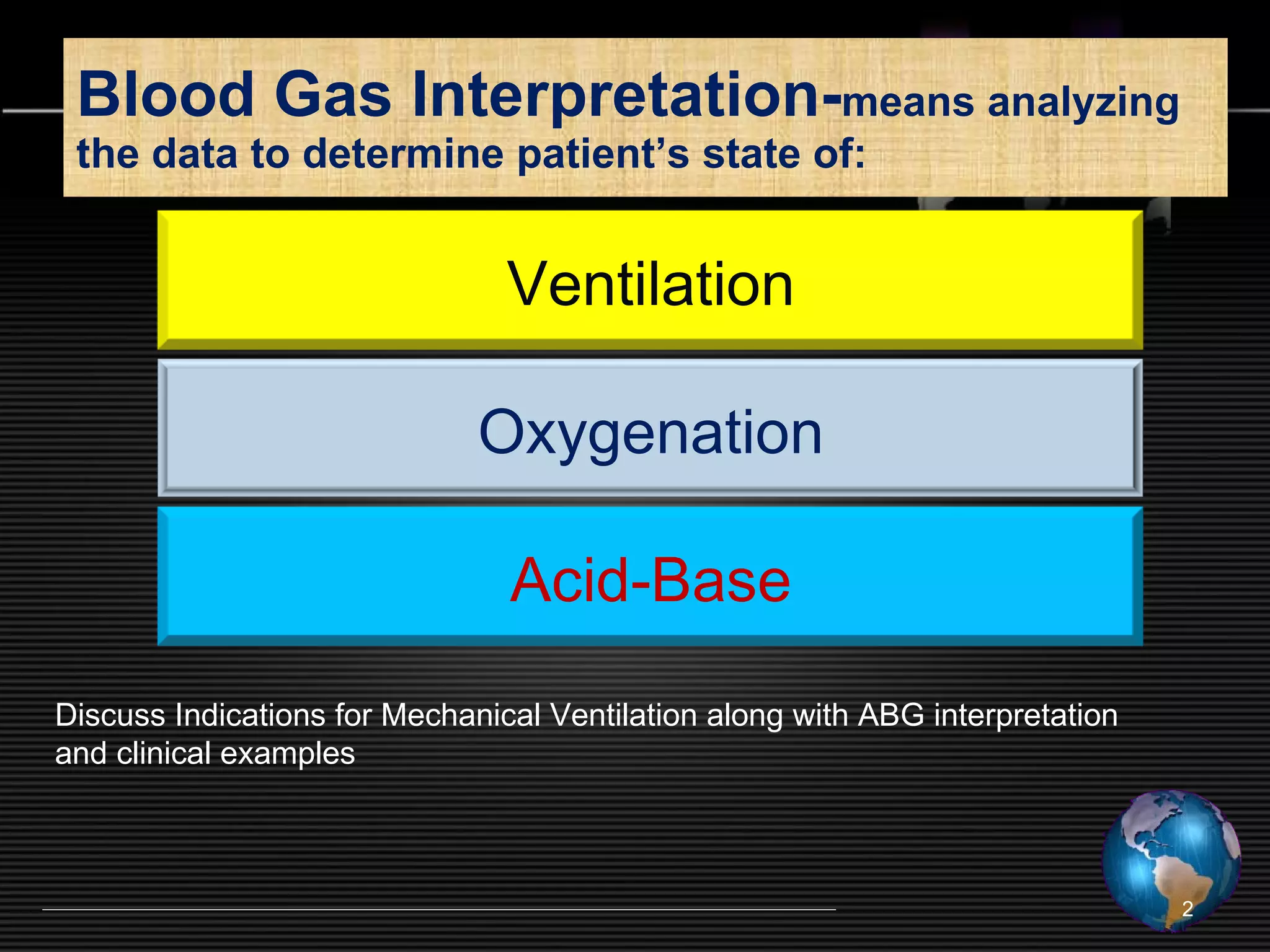Arterial blood gas analysis assesment of oxygenation ventilation and ...