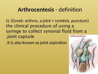 TECNICA DE ARTROCENTESIS REALIZACION Y COMPLICACIONES | PPTX