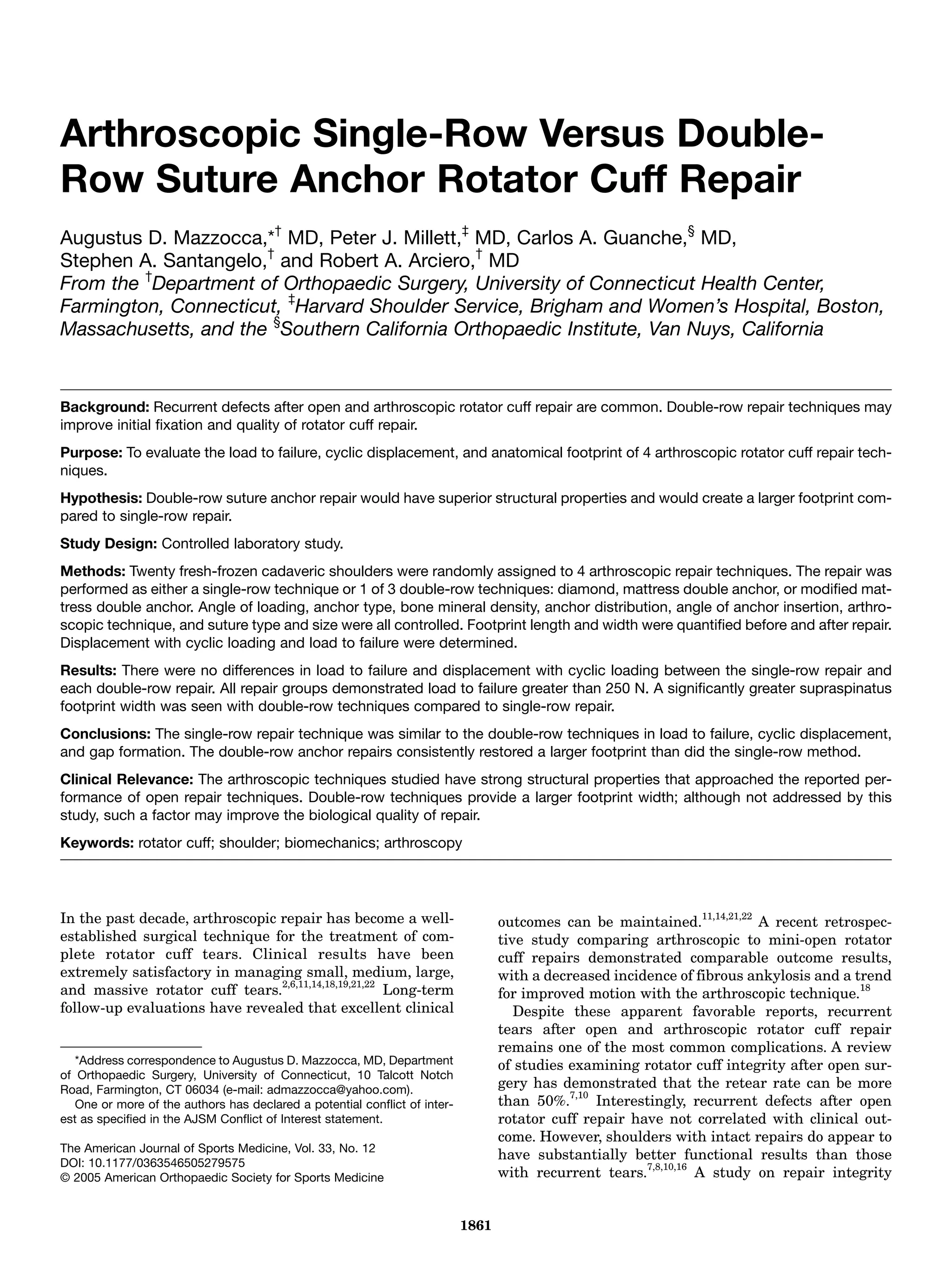 Arthroscopic Single Row Versus Double-Row Suture Anchor Rotator Cuff ...