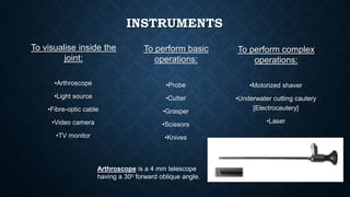 Arthroscopic surgery - Introduction, indications, advantages and procedure. | PPTX
