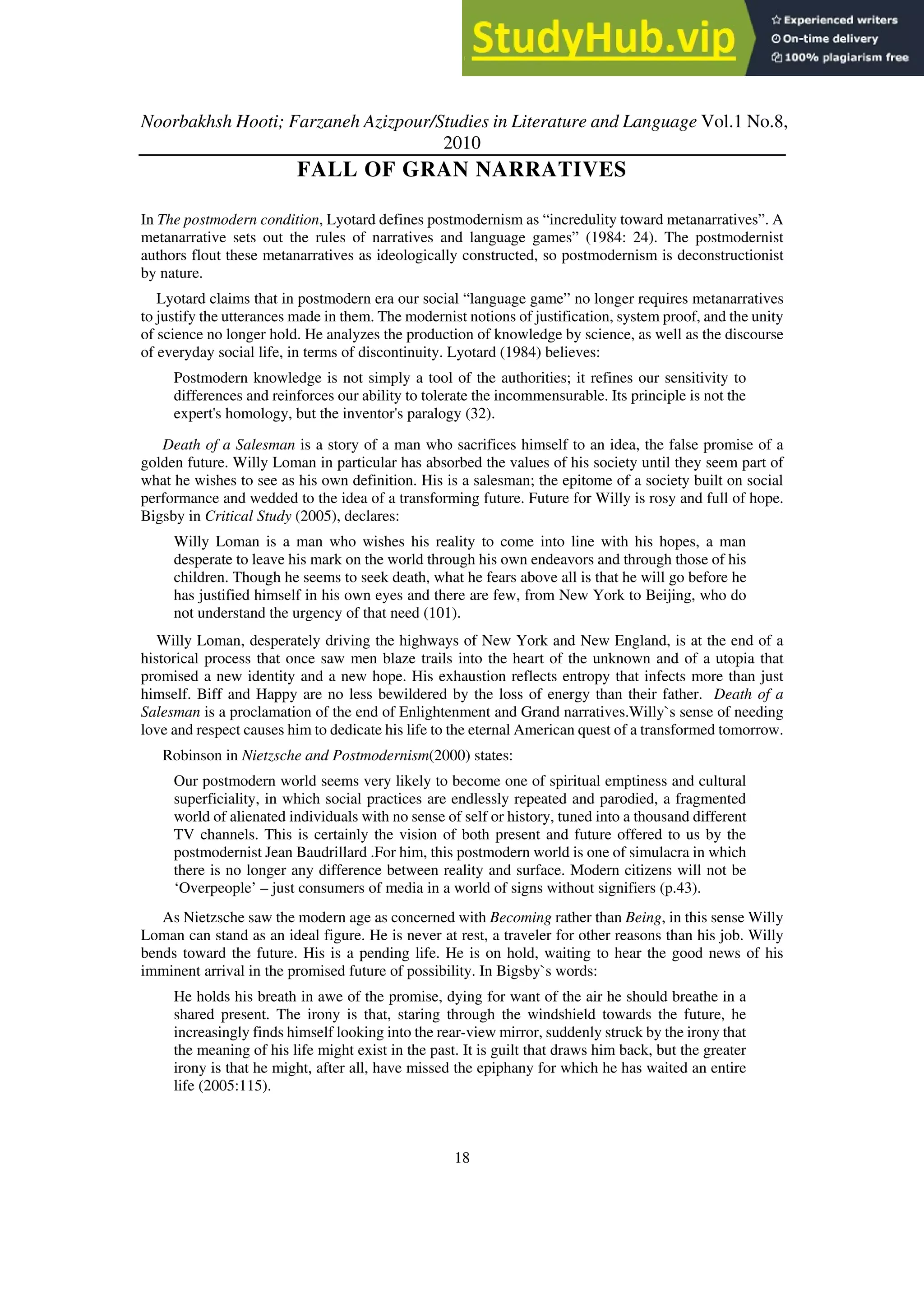 Arthur Miller S Death Of A Salesman A Postmodernist Study | PDF