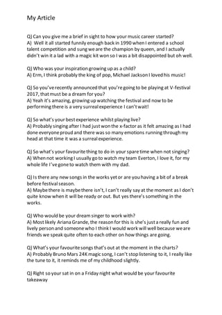 Interview Artical | DOCX | Contemporary Hits/Pop/Top 40 | Music