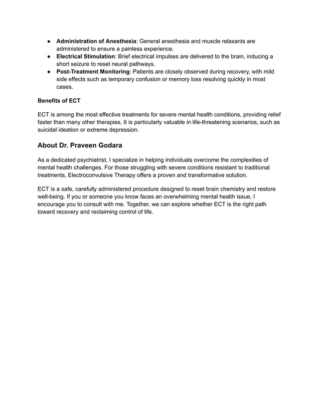 Electroconvulsive Therapy (ECT): Benefits, Procedure, and Safety | PDF
