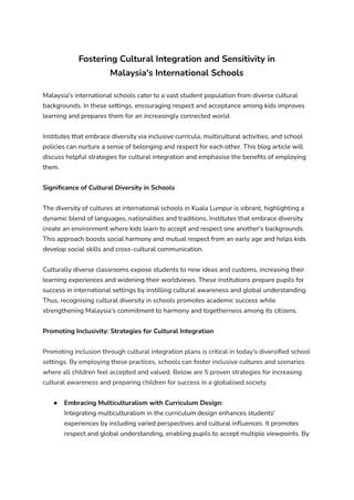 Fostering Cultural Integration and Sensitivity in Malaysia's ...