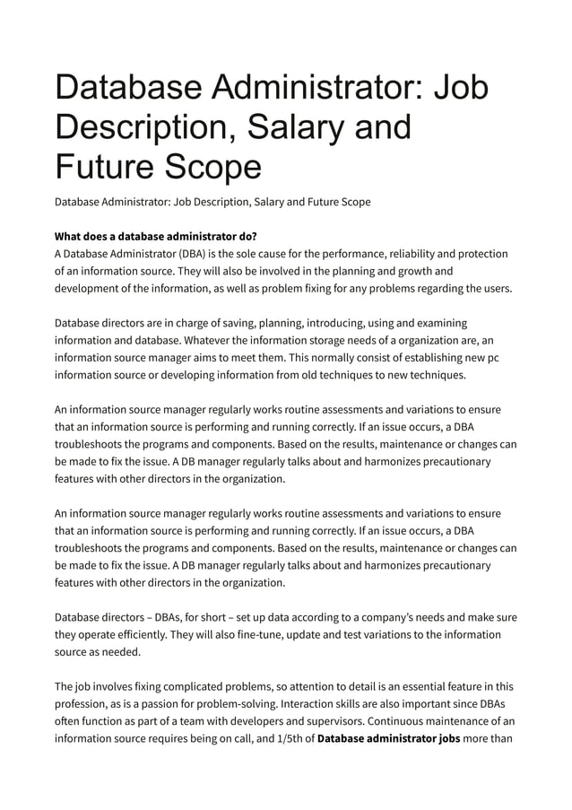 Database Administrator: Job Description, Salary and Future Scope | PDF