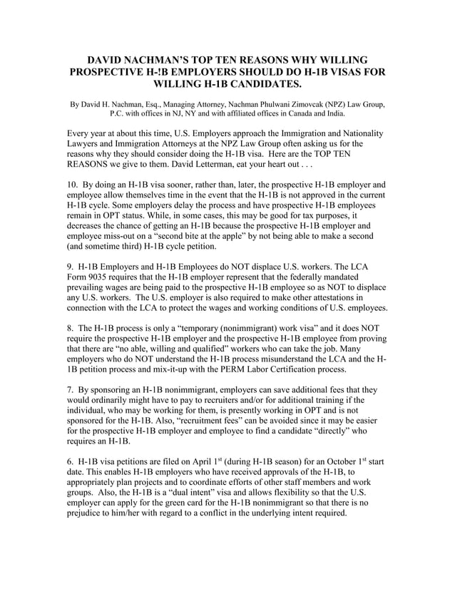 DAVID NACHMAN’S TOP TEN REASONS WHY WILLING PROSPECTIVE H-1B EMPLOYERS ...
