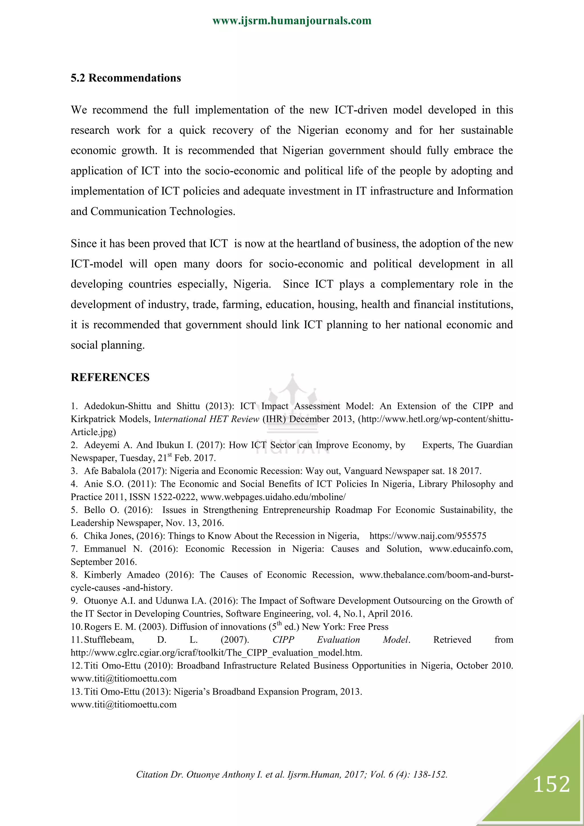 Remedy to economic recesion in nigeria: an ict-driven model for ...