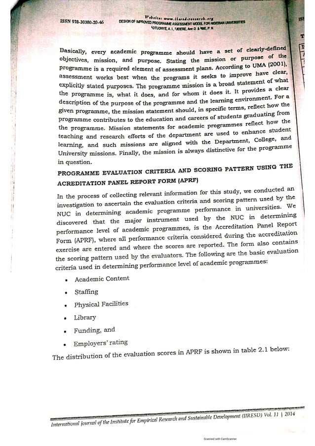Design of Improved Programme Assessment Model for Nigerian Universities ...