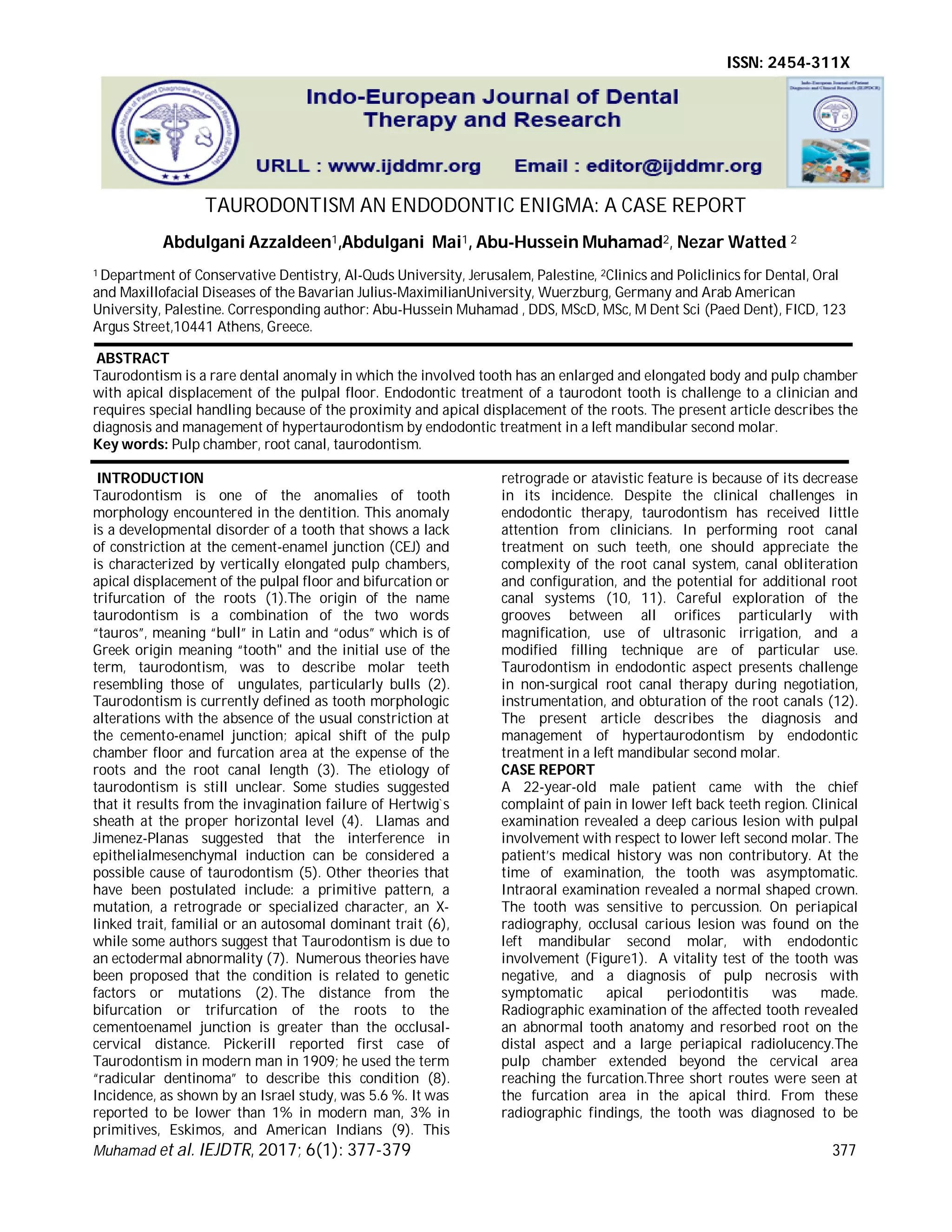 TAURODONTISM AN ENDODONTIC ENIGMA: A CASE REPORT | PDF