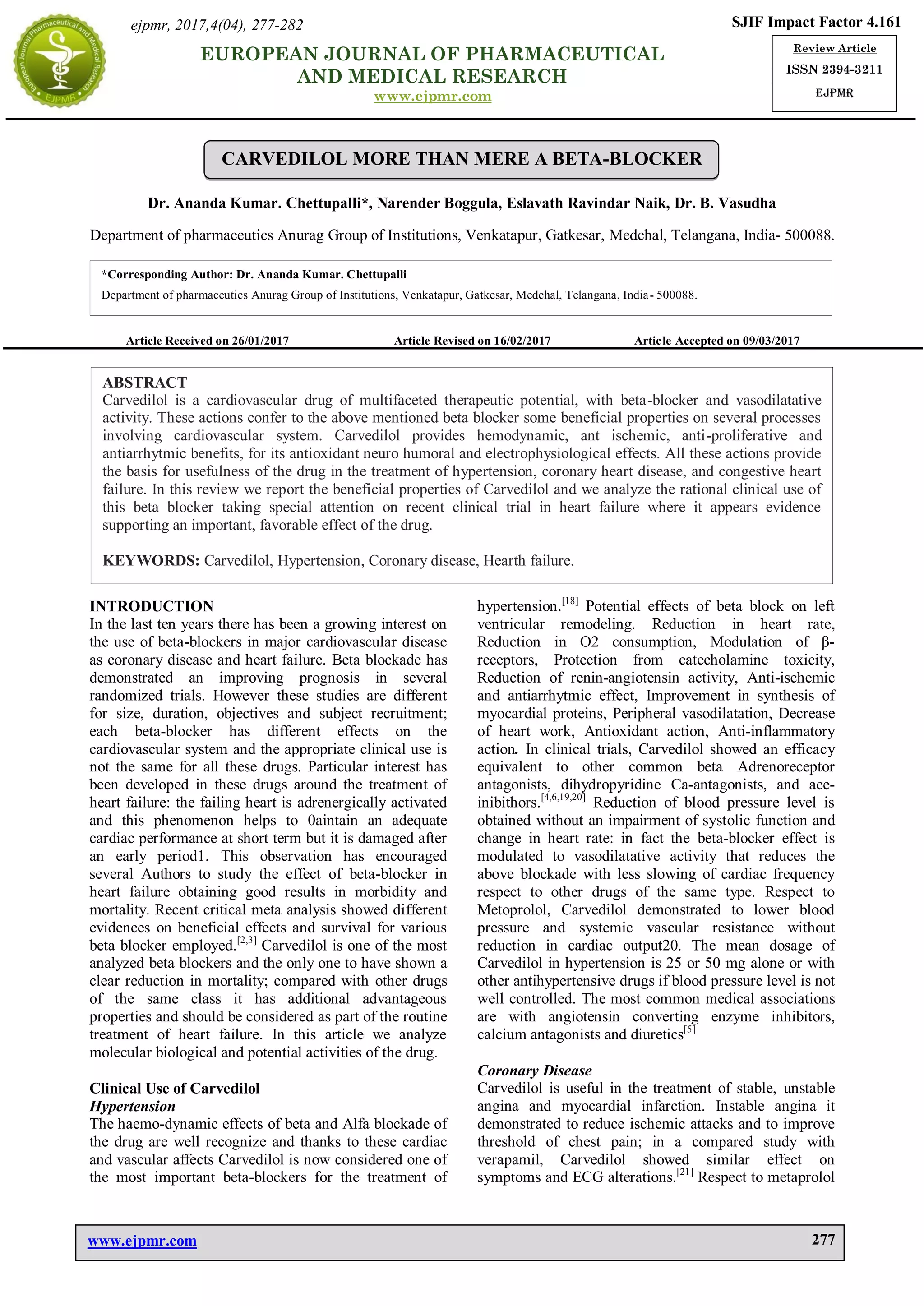 CARVEDILOL MORE THAN MERE A BETA-BLOCKER | PDF