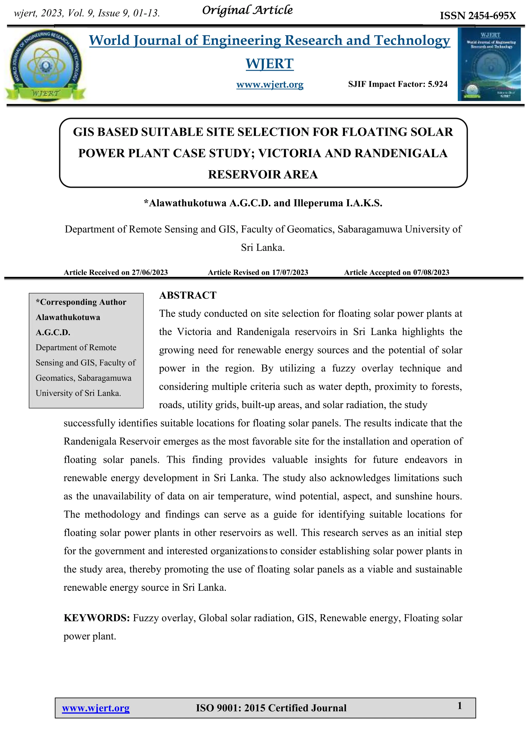 GIS BASED SUITABLE SITE SELECTION FOR FLOATING SOLAR POWER PLANT CASE ...