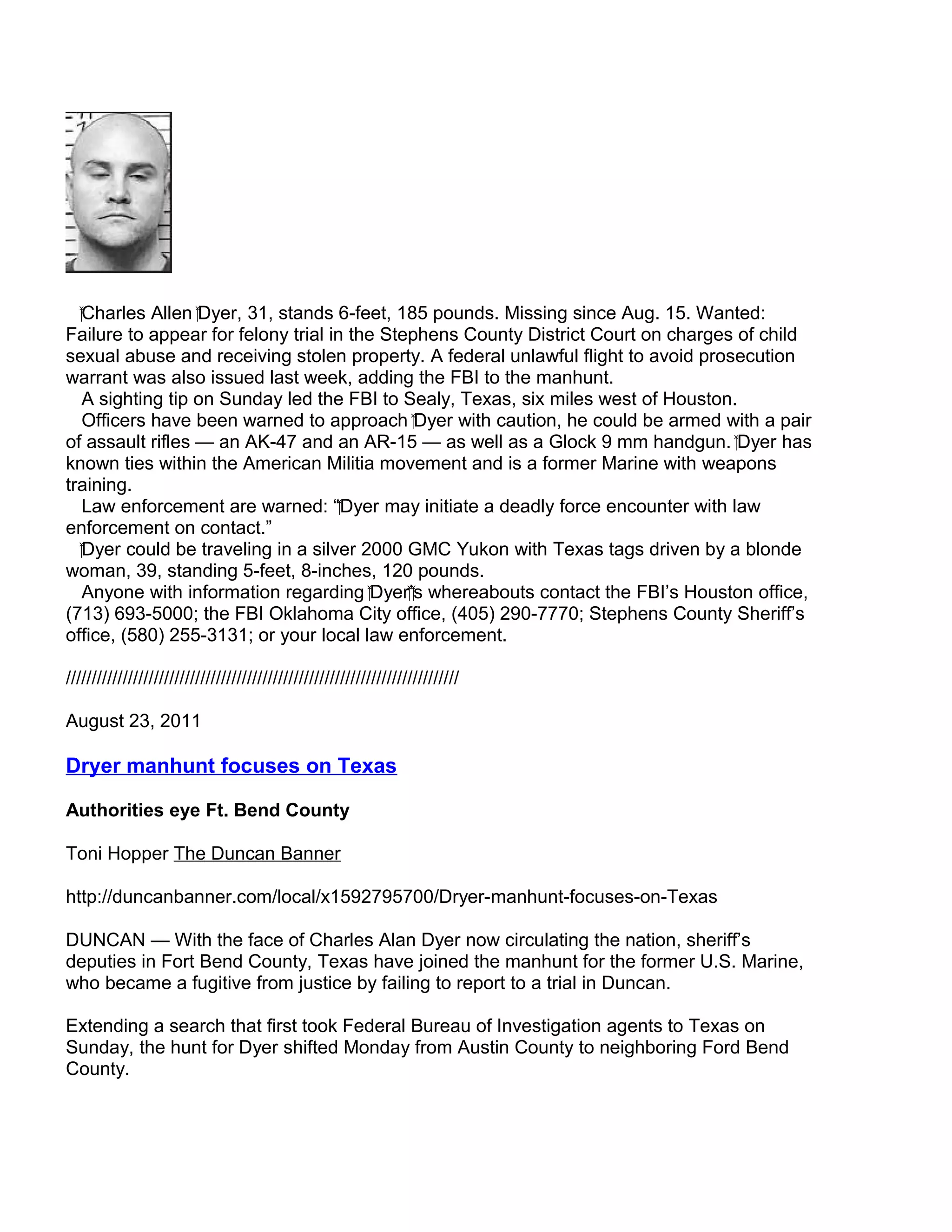 FBI LAUNCHED NATIONWIDE MANHUNT FOR CHARLES DYER | ODT