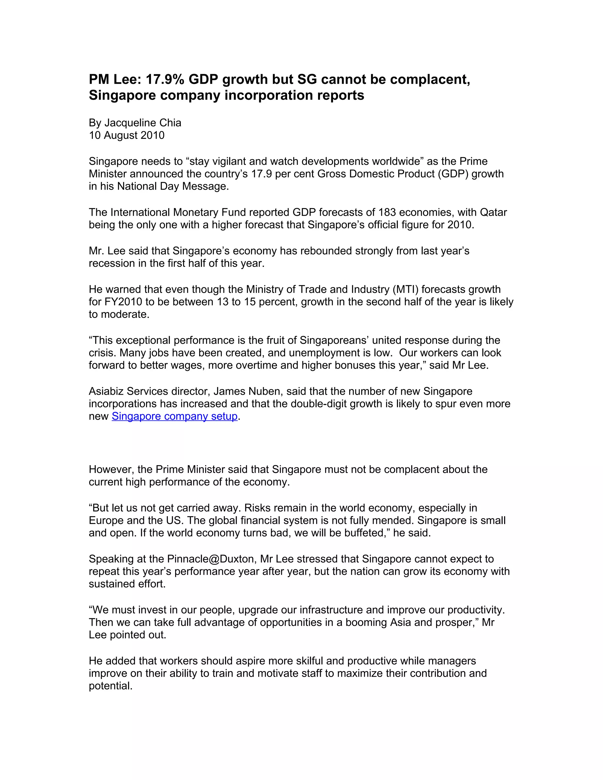 PM Lee: 17.9% GDP growth but SG cannot be complacent, Singapore company ...