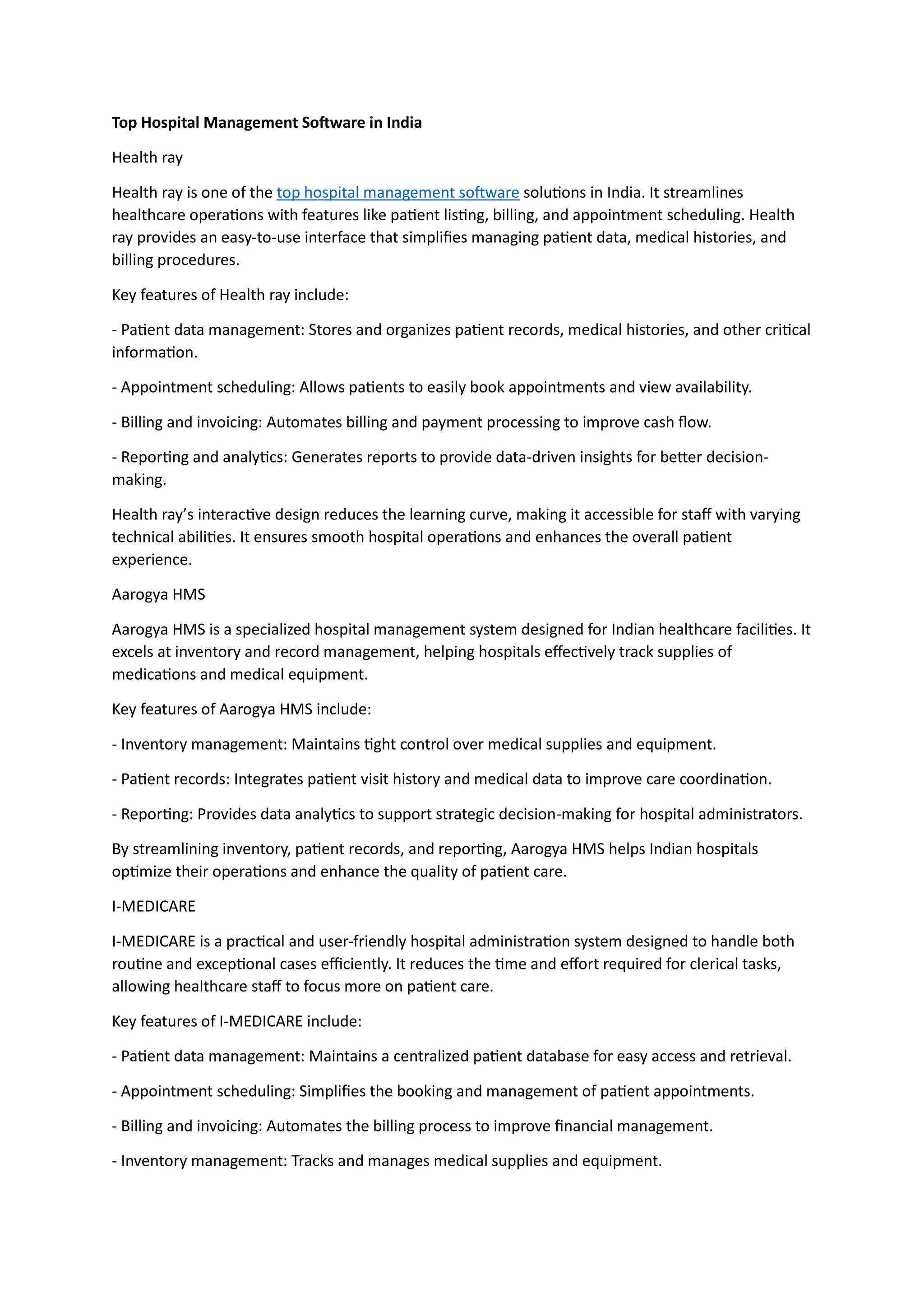 Top Hospital Management Software in India | DOCX | Computer Software and Applications | Computing