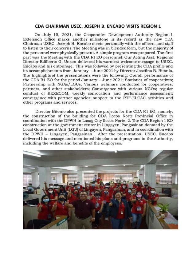 CDA Chairman USEC Encabo Visits Region 1 | DOCX