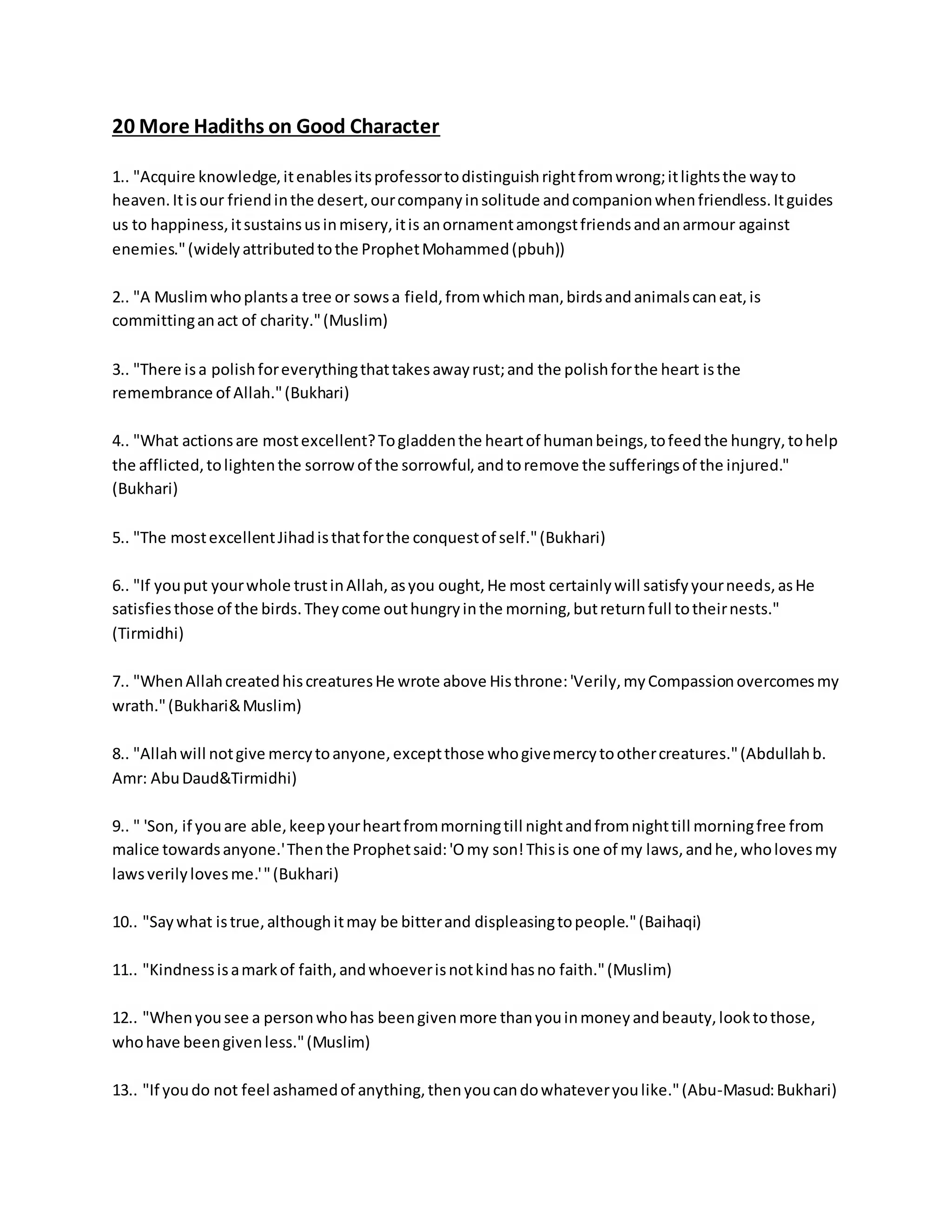 20 Hadiths on Good Character | DOCX