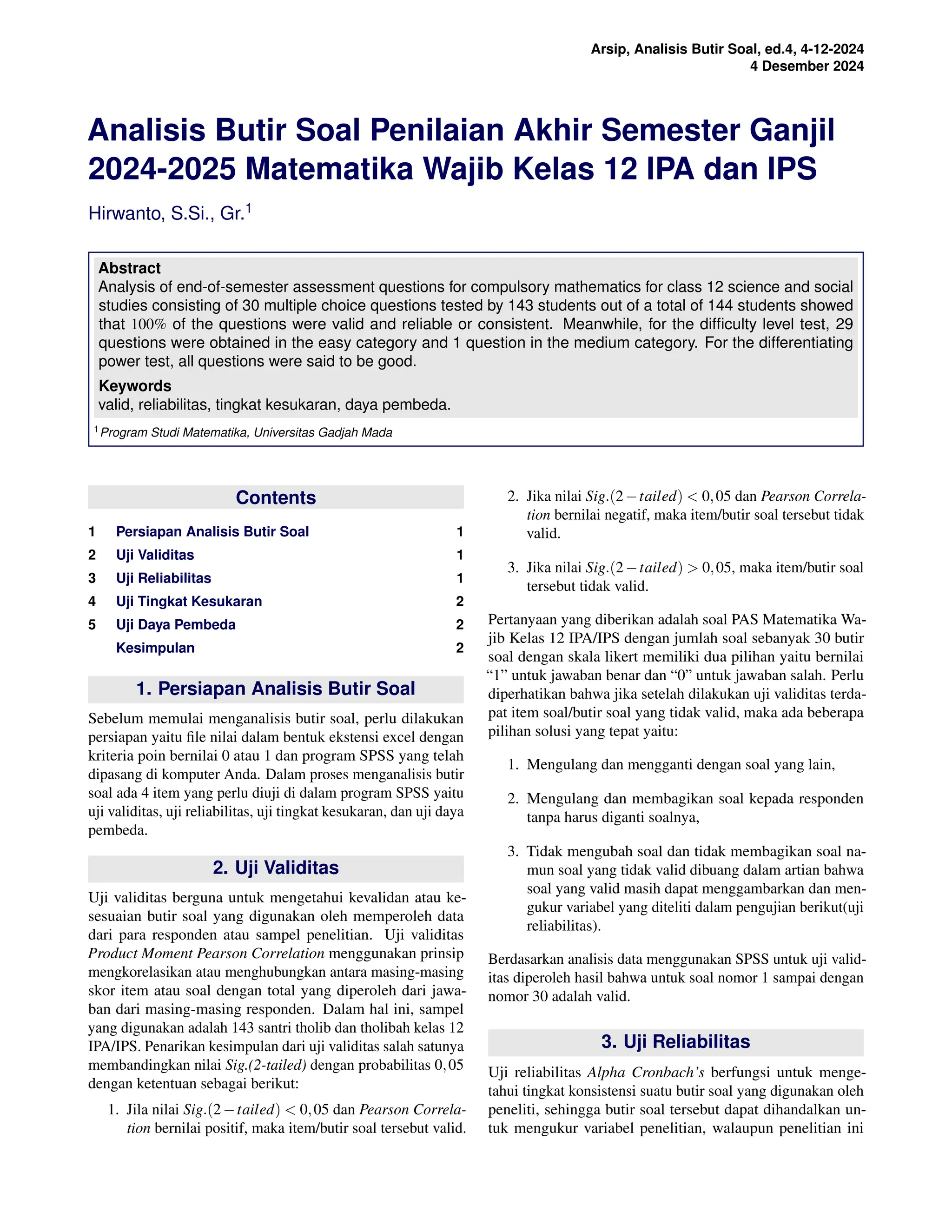 Analisis Butir Soal PAS Matematika Wajib Kelas 12 IPA/IPS 2024-2025 | PDF