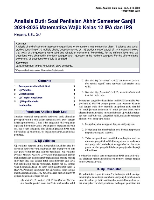 Analisis Butir Soal PAS Matematika Wajib Kelas 12 IPA/IPS 2024-2025 | PDF