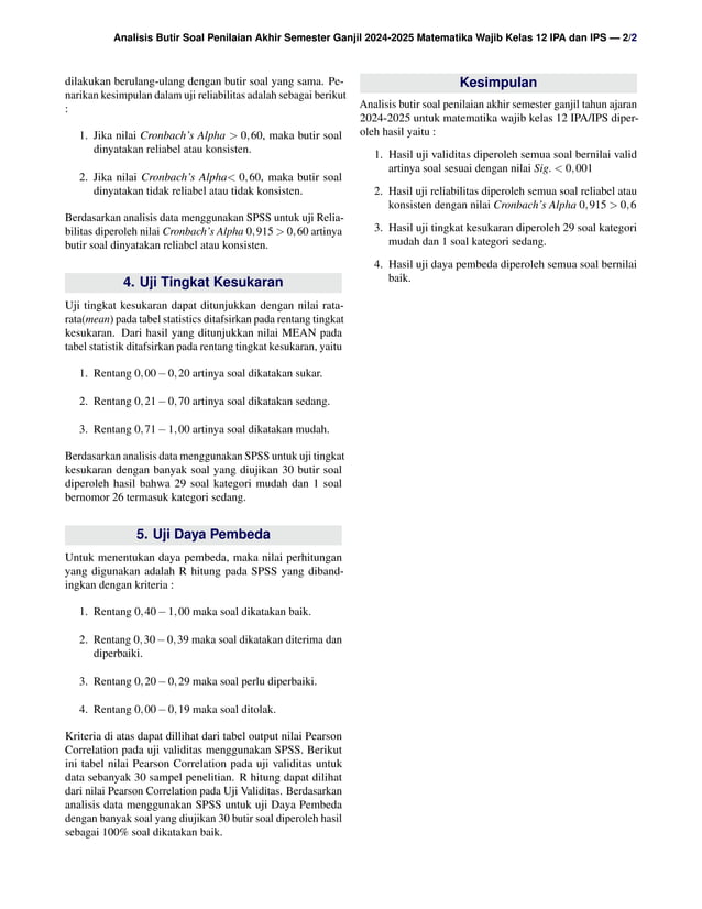 Analisis Butir Soal PAS Matematika Wajib Kelas 12 IPA/IPS 2024-2025 | PDF