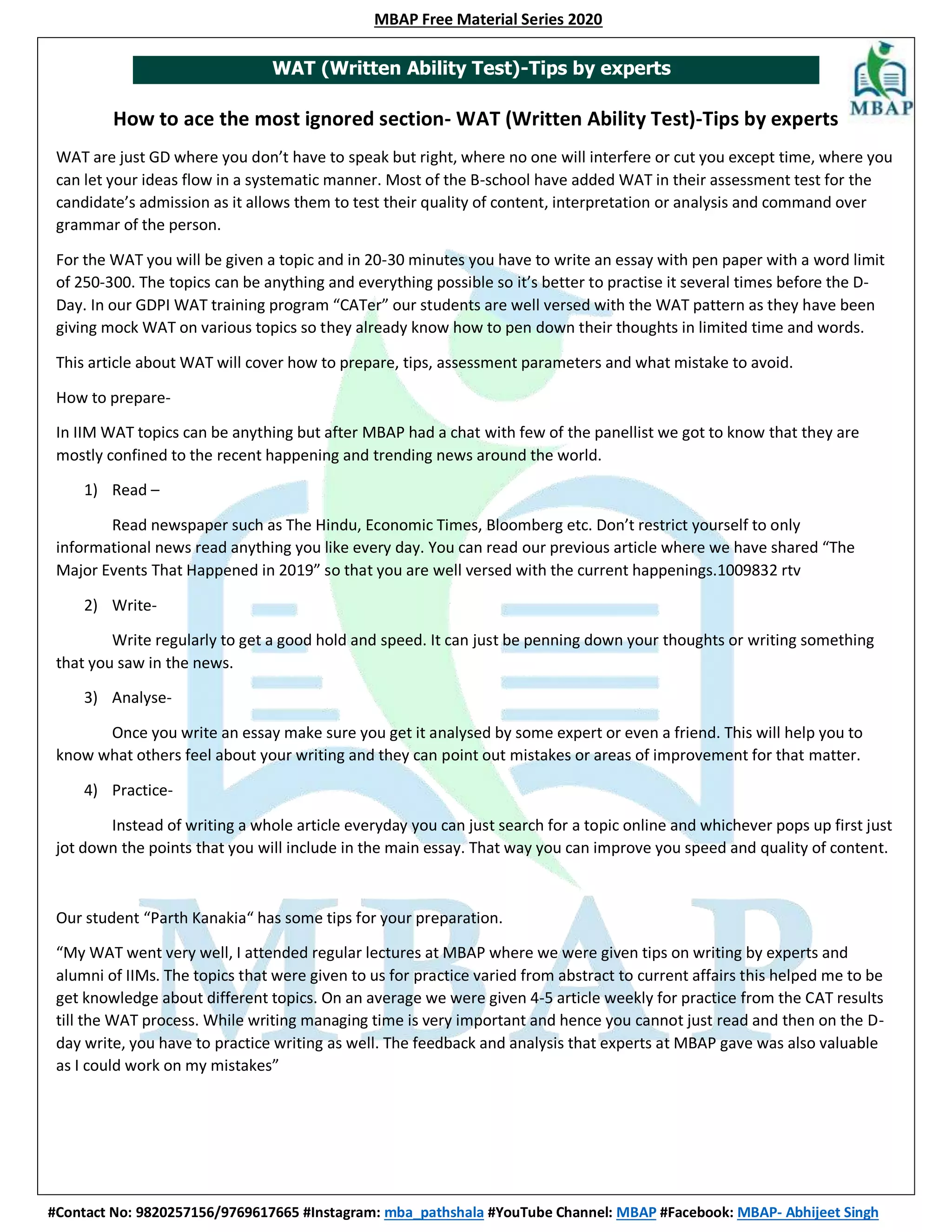 WAT (Written Ability Test)-Tips by experts | MBAP | PDF