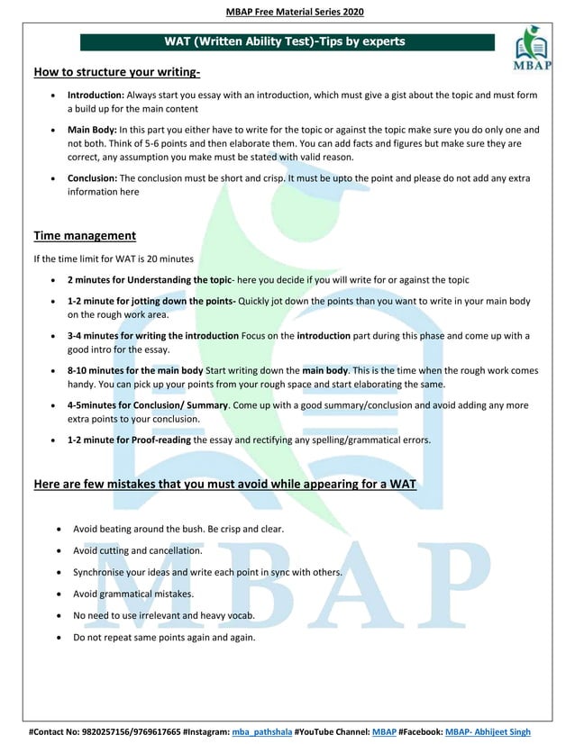 WAT (Written Ability Test)-Tips by experts | MBAP | PDF