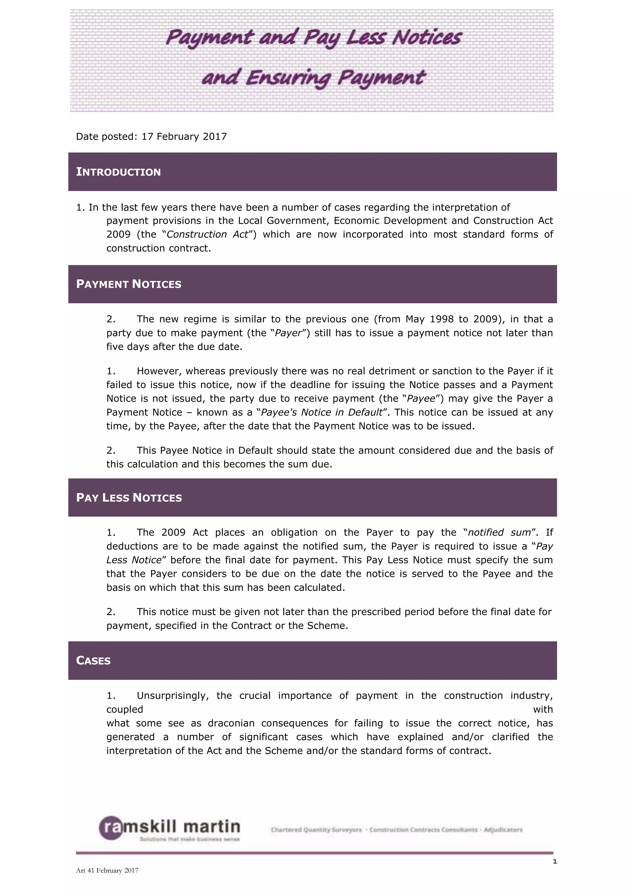 Article 41 payment and pay less notices february 2017 rm03 | PPTX