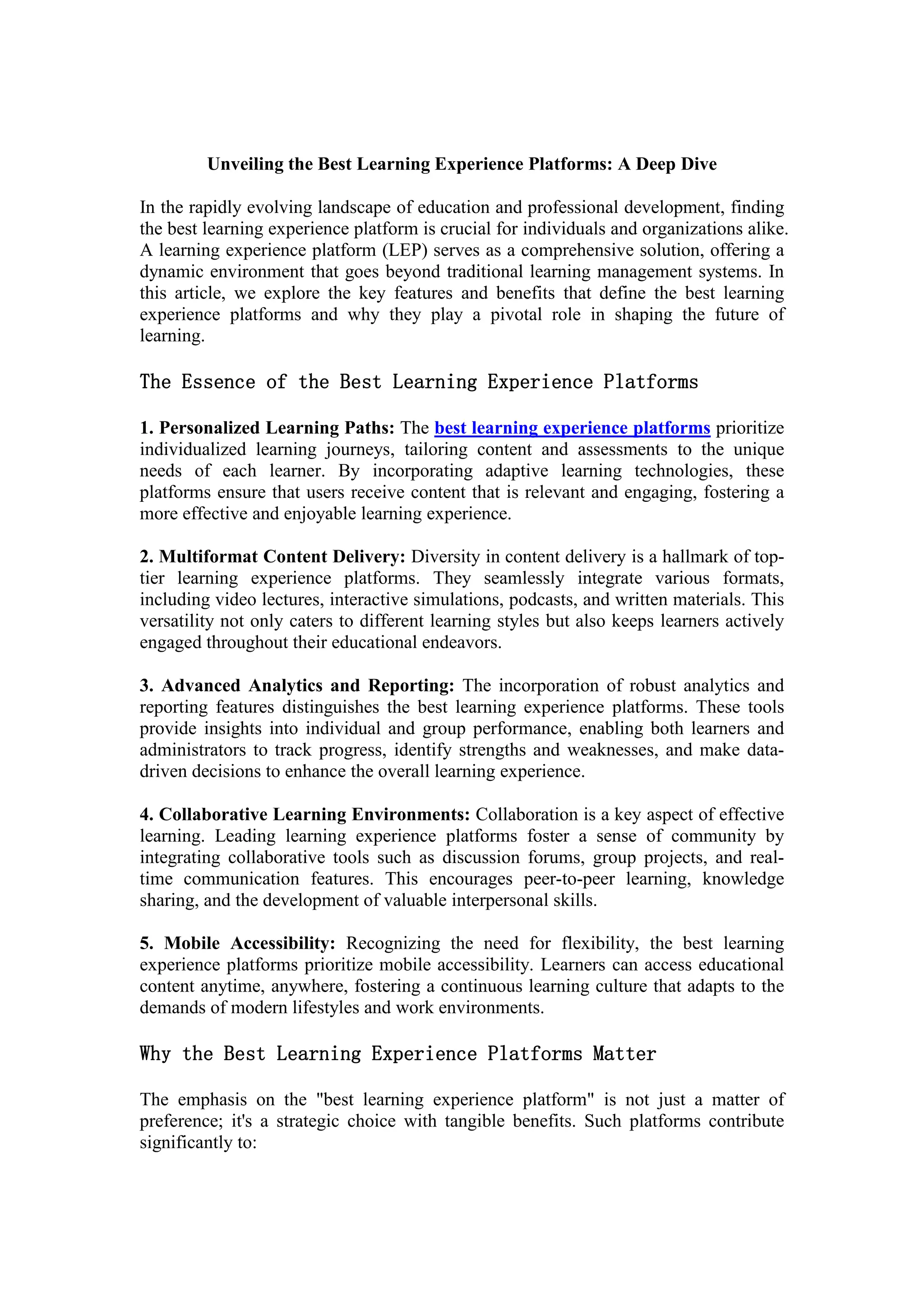 Unveiling the Best Learning Experience Platforms: A Deep Dive | PDF