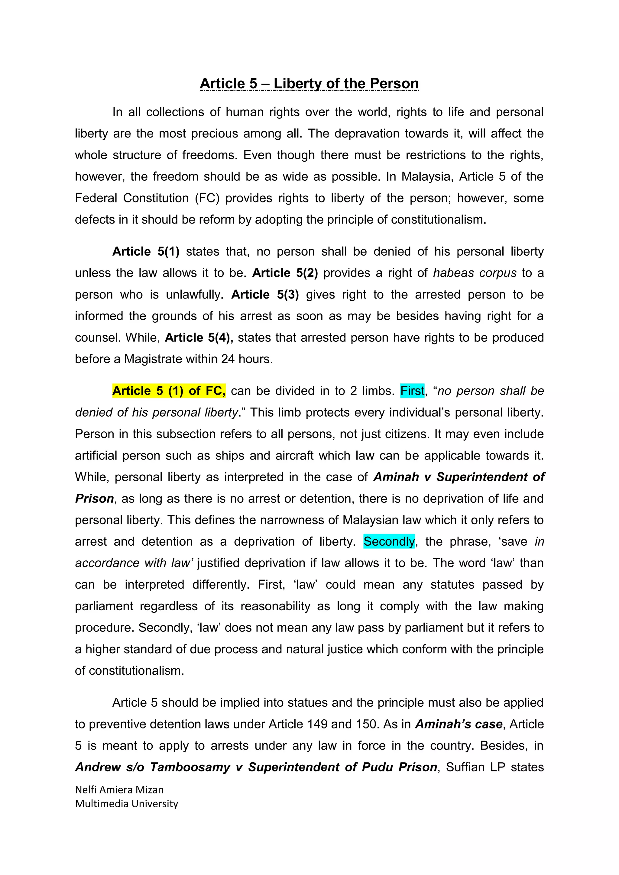 Article 5 Federal Constitution Malaysia - Liberty of a peson | DOCX