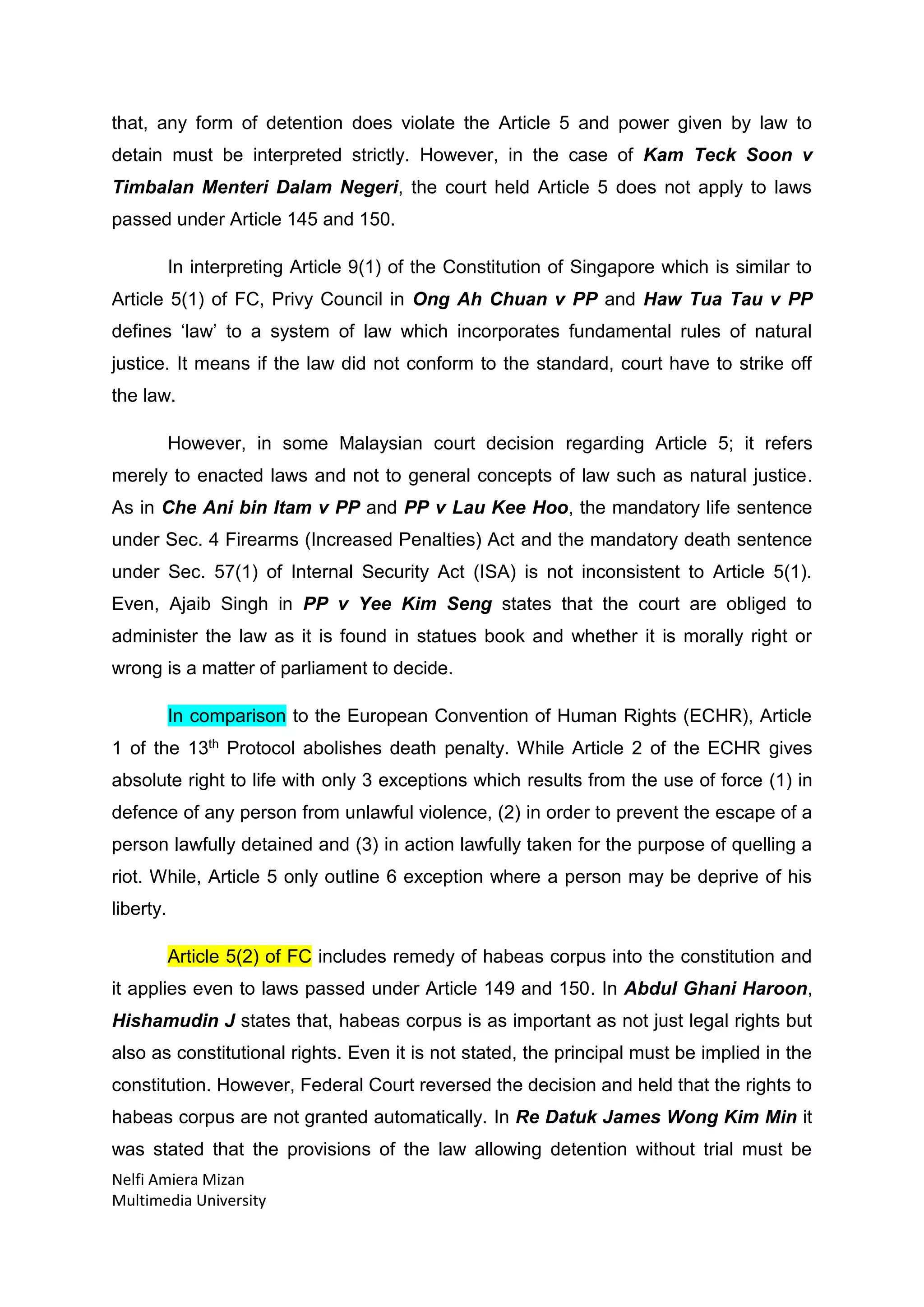 Article 5 Federal Constitution Malaysia - Liberty of a peson | DOCX