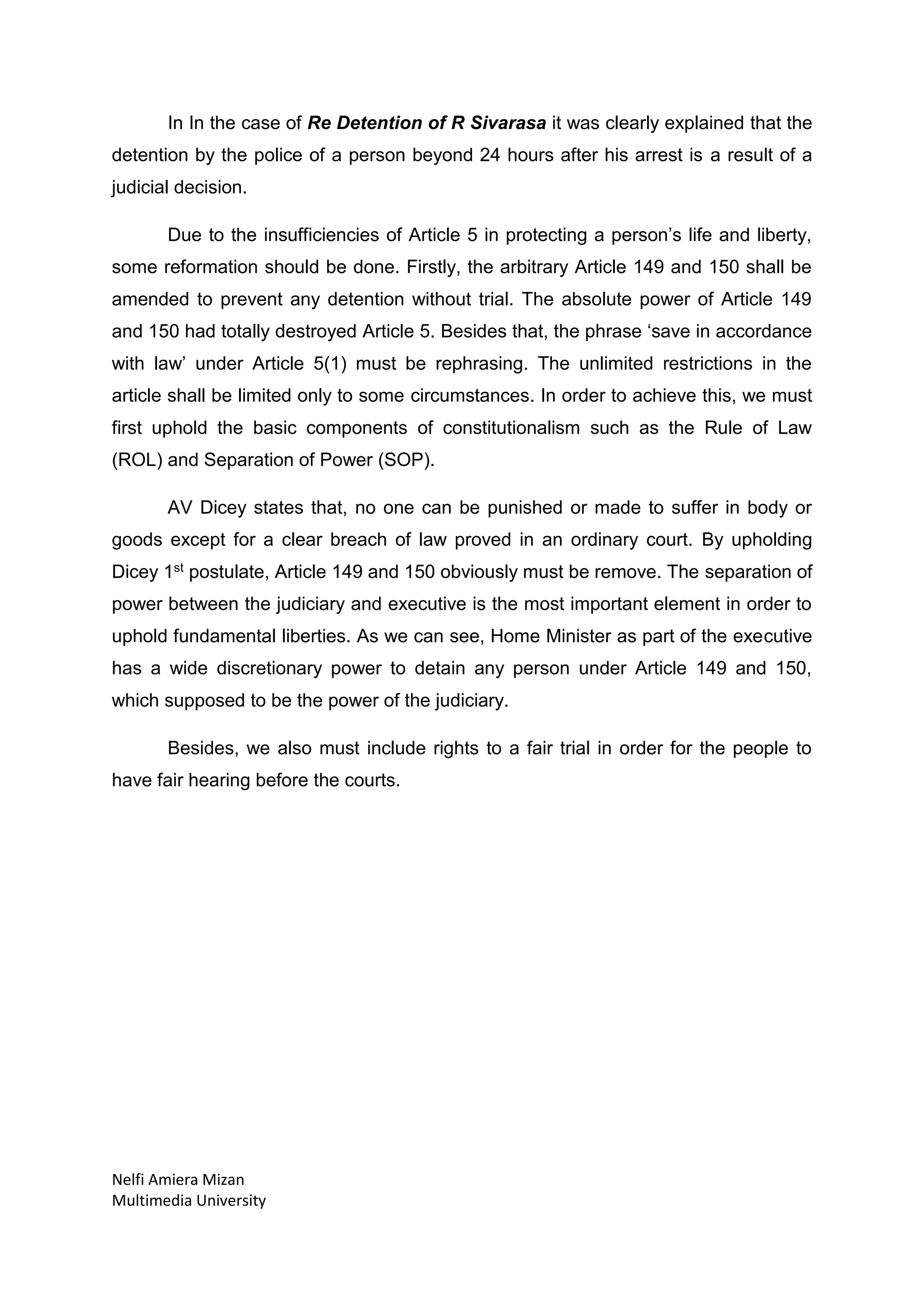 Article 5 Federal Constitution Malaysia - Liberty of a peson | DOCX