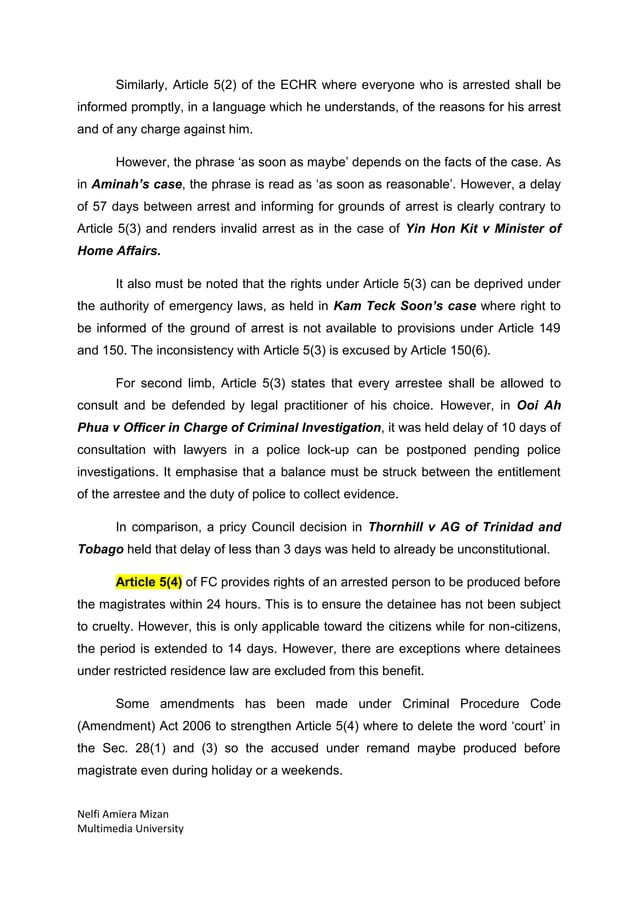 Article 5 Federal Constitution Malaysia - Liberty of a peson | DOCX