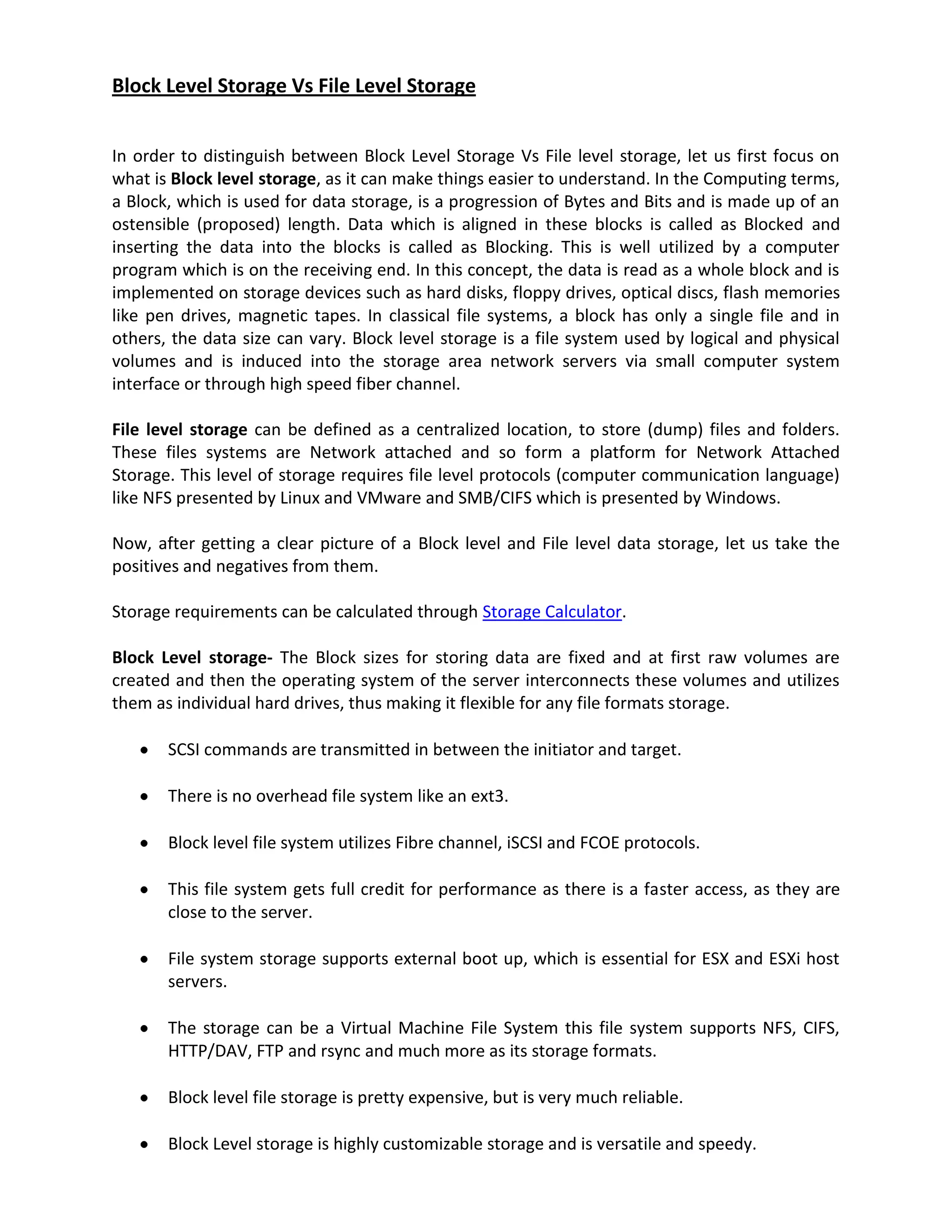 Block Level Storage Vs File Level Storage | DOCX | Data Storage and ...