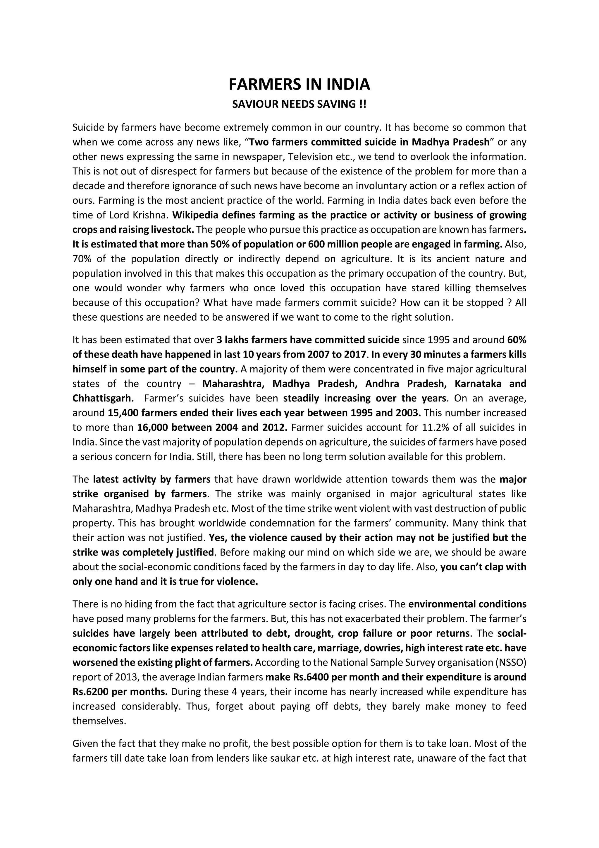 FARMERS IN INDIA : SAVIOUR NEEDS SAVING !! | PDF