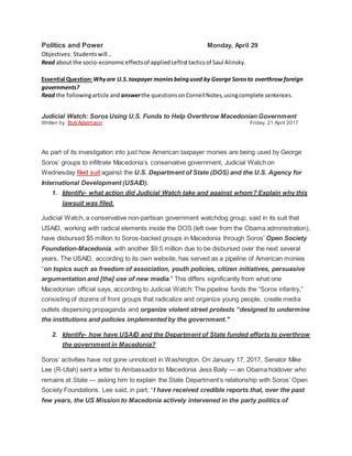 Article assignment; George Soros using American tax monies to overthrow ...