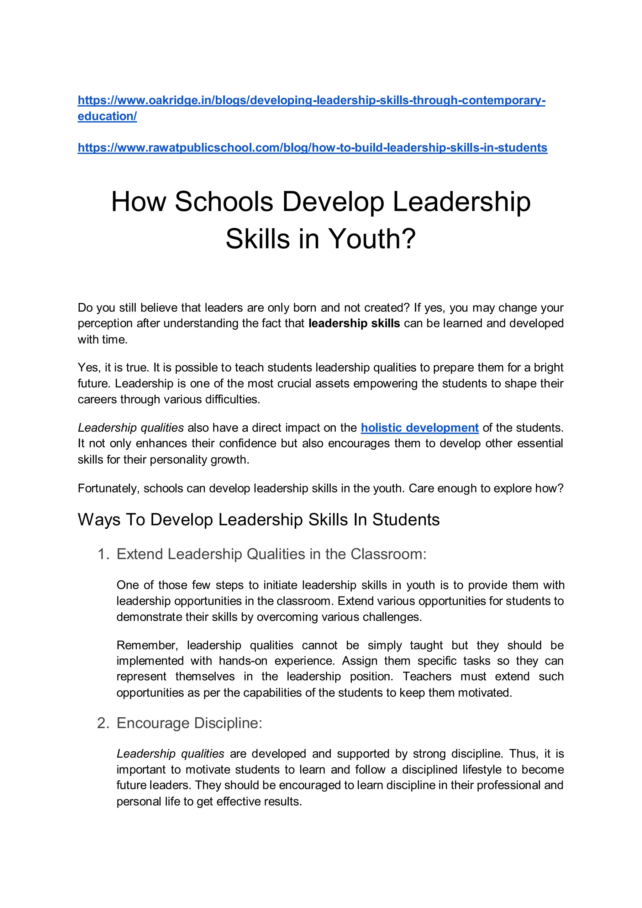 How Schools Develop Leadership Skills in Youth? | PDF