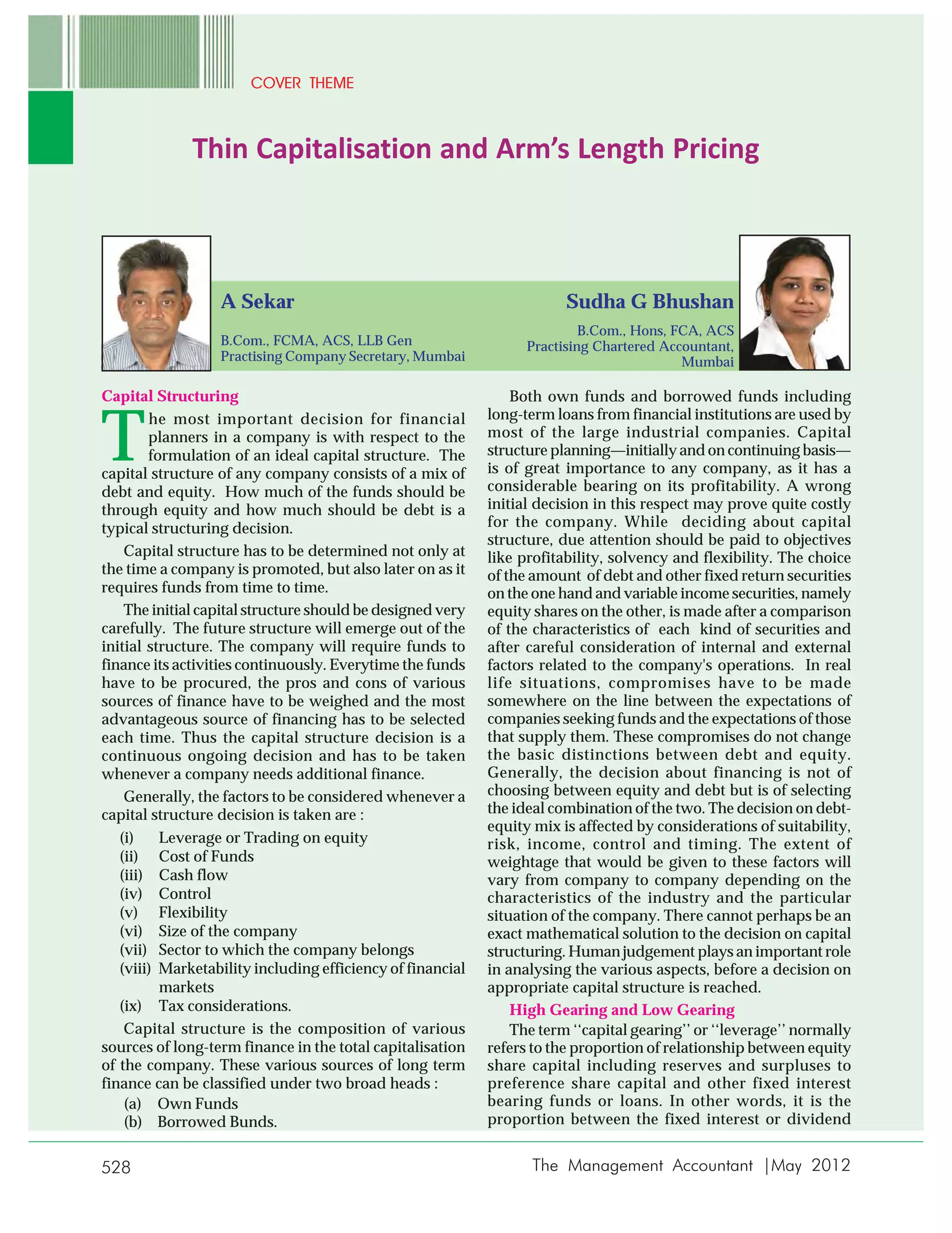 Article by ca. sudha g. bhushan on thin capitalisation | PDF | Stocks ...