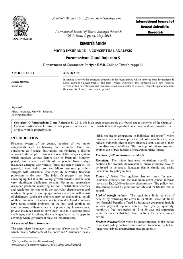 Micro Insurance- A conceptual Analysis | PDF