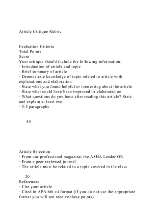 Article Critique RubricEvaluation CriteriaTotal PointsSc.docx